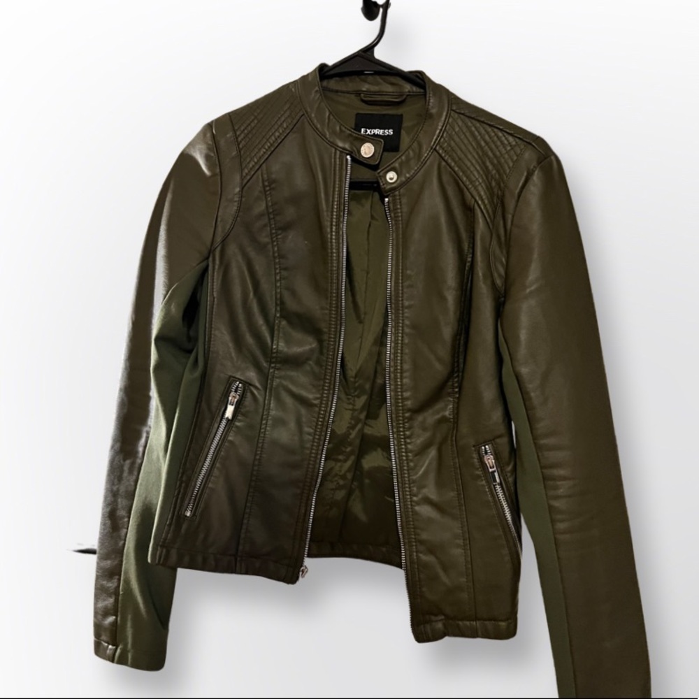 Olive Green “Leather” Coat From Express - Gem